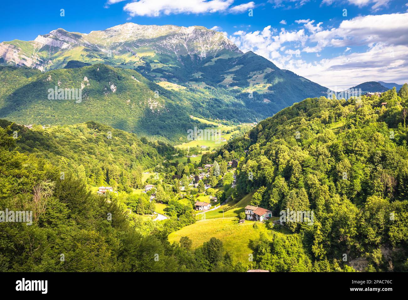 Cremeno Dolomites Alps landscape view, green landscape od Lombardy ...