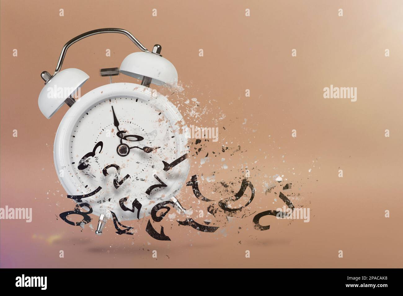 Time is running out. White alarm clock with flying numbers as a symbol ...