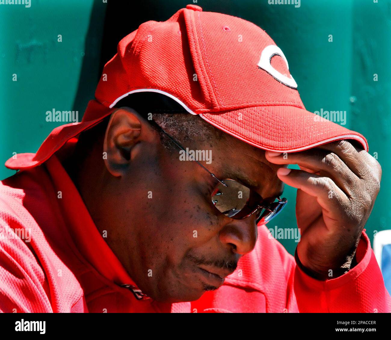 Cincinnati Reds manager Dusty Baker looks over his lineup before a ...
