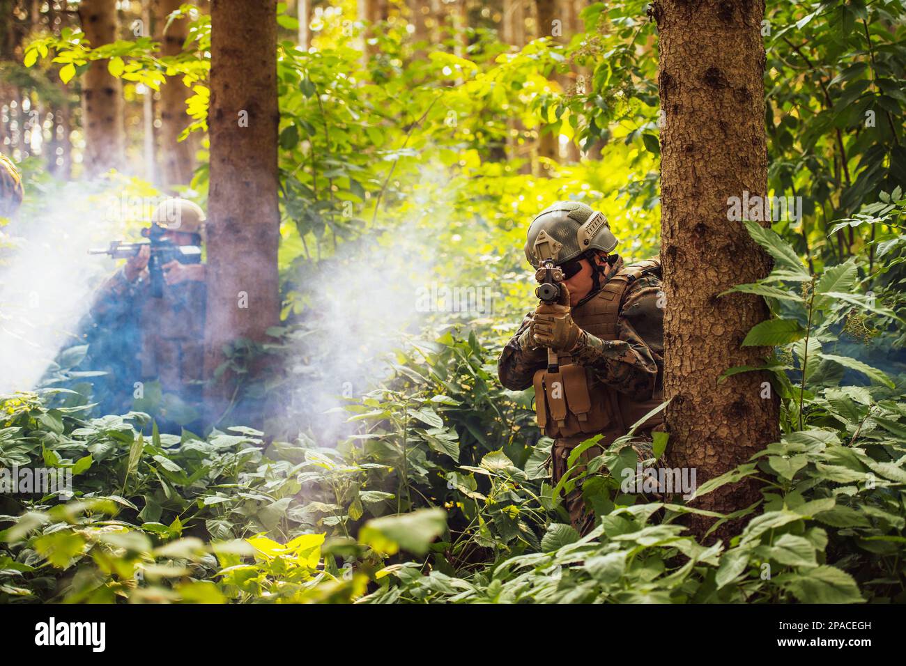 A modern warfare soldier on war duty in dense and dangerous forest ...