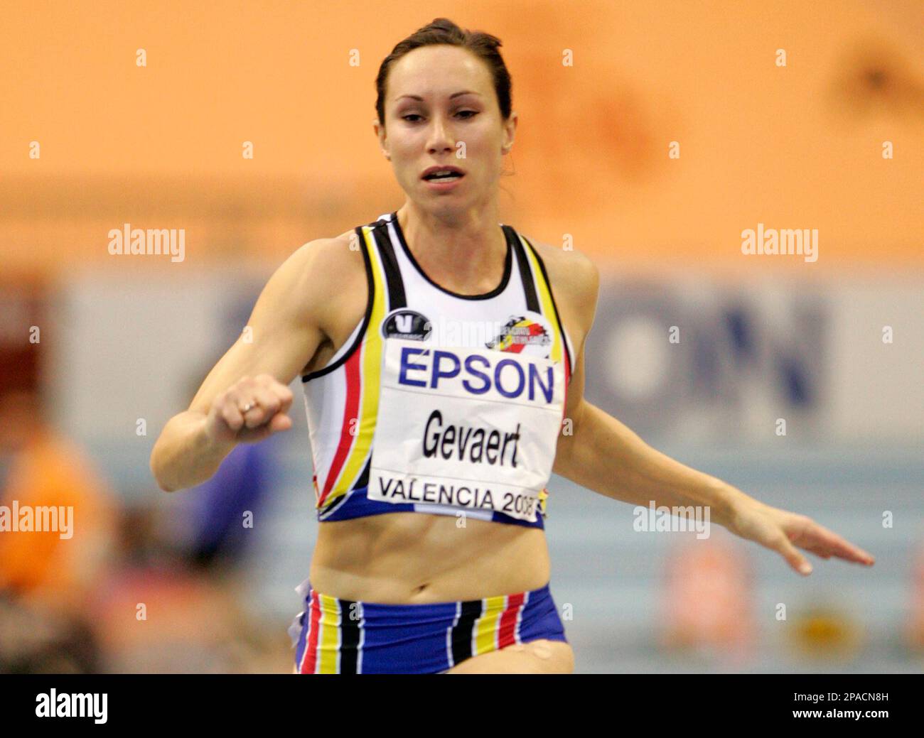 Belgium's Kim Gevaert crosses the finish line during a Women's 60m semi ...