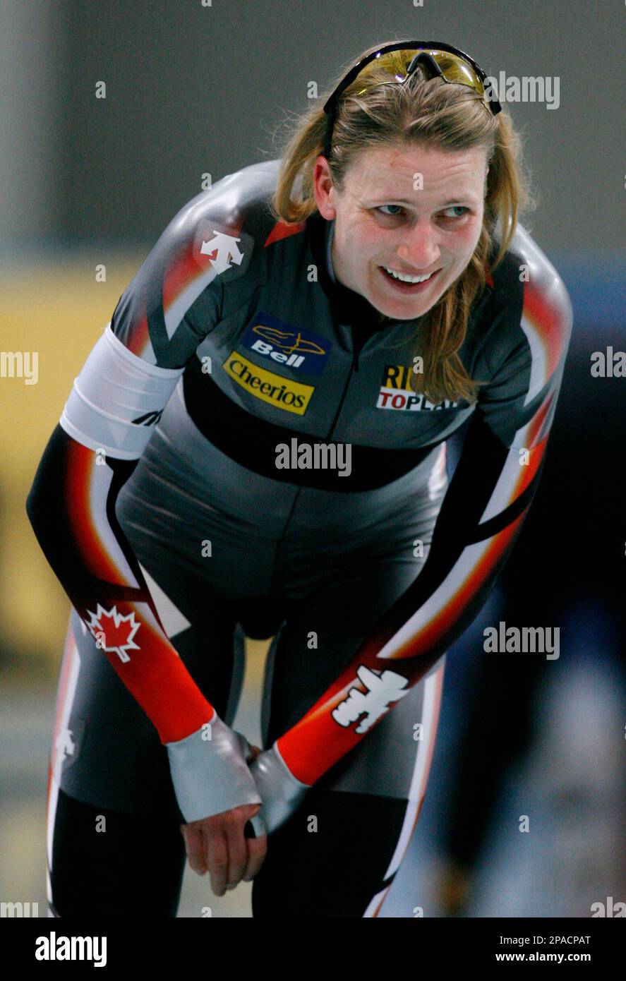 Kristina Groves of Canada reacts after winning the women's 3000-meter ...