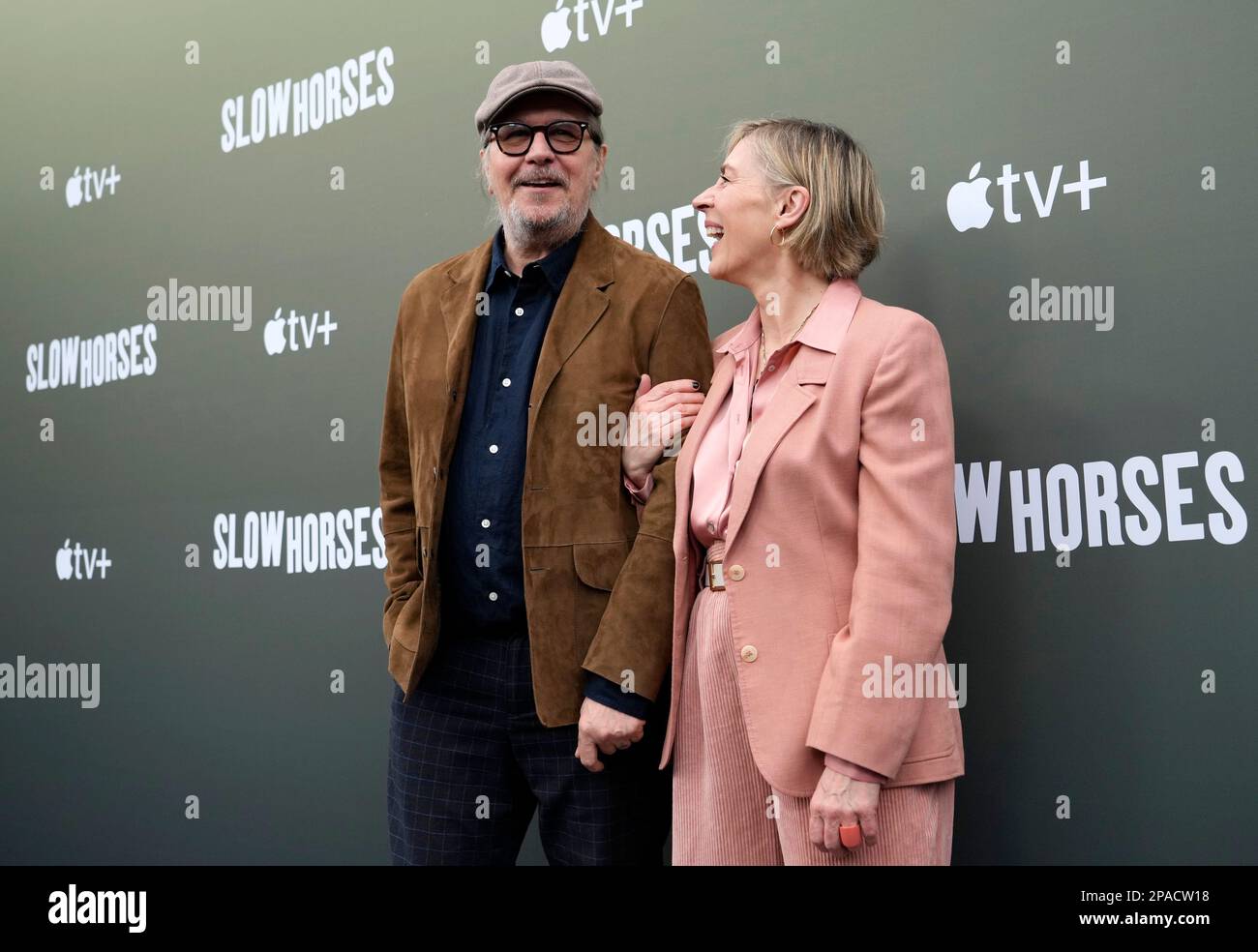 Gary Oldman, left, and Saskia Reeves, cast members in "Slow Horses ...