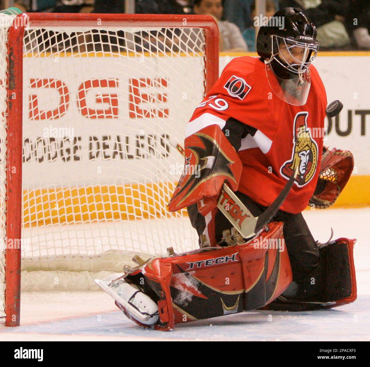 Ottawa Senators goalie Martin Gerber stops a shot on goal by the San ...