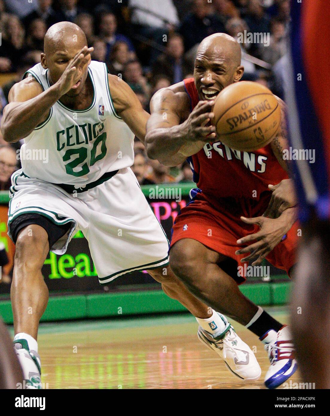 Detroit Pistons' Chauncey Billups, right, loses control of the ball and ...