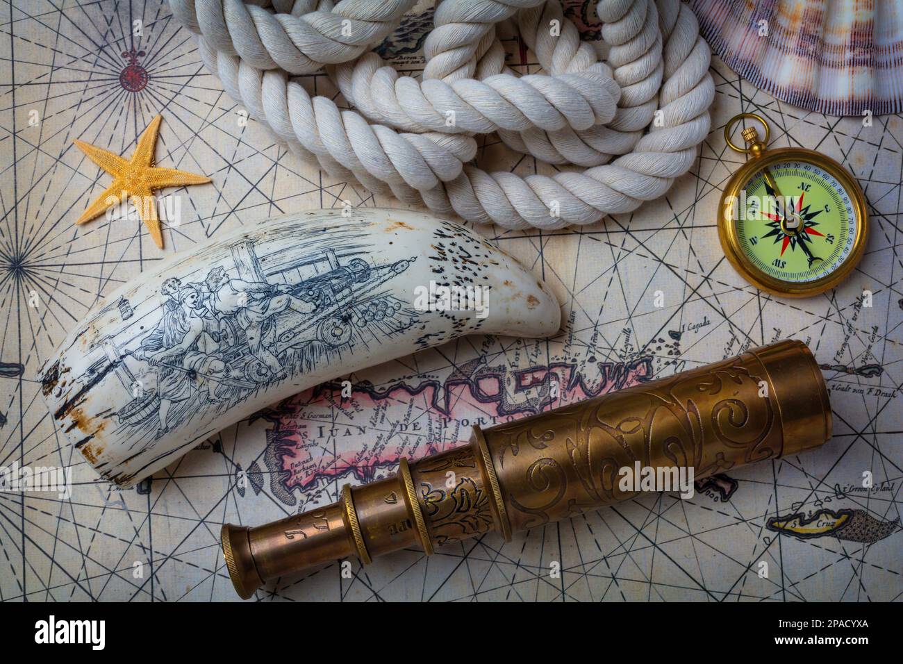 Brass Telescope And Compass With Scrimshaw Ship's Crew Still Life Stock ...