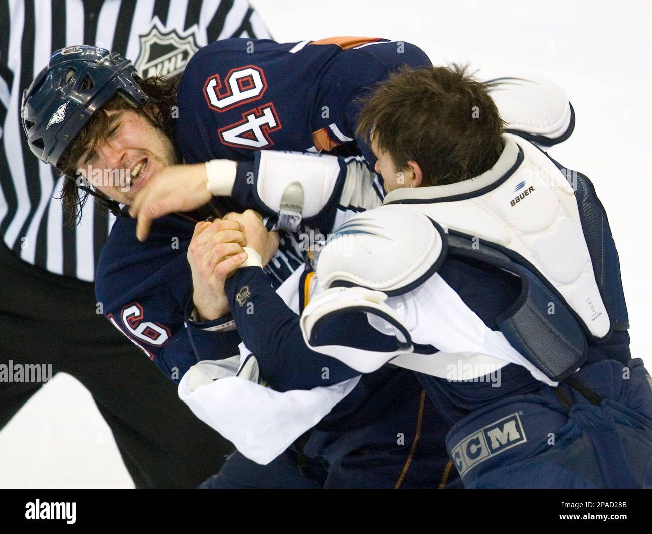 Nashville Predators' Darcy Hordichuk, right, fights with the Edmonton ...