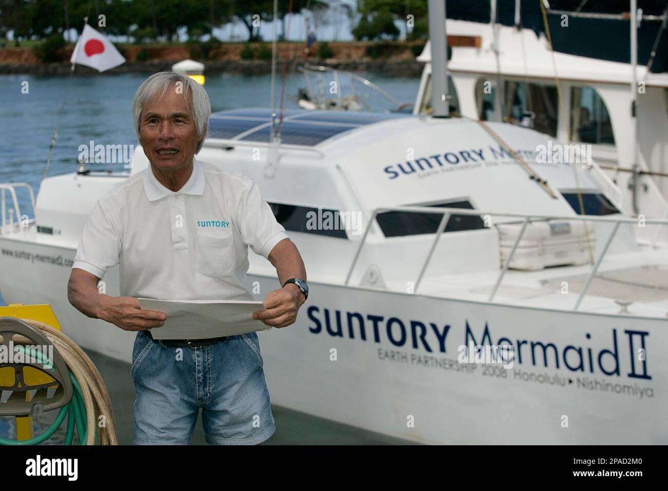 Ken-ichi Horie, of Japan, demonstrates how his wave powered boat, the ...