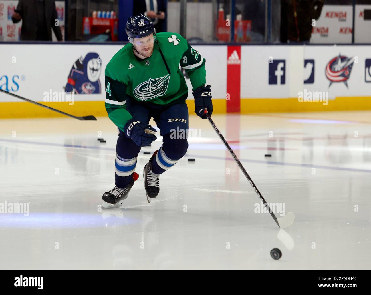 Columbus Blue Jackets forward Mathieu Olivier warms up prior to an NHL ...