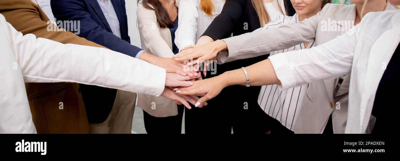 Group of business team harmonious with man and woman joining hands ...