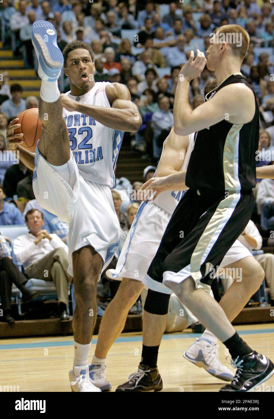 North Carolina's Alex Stepheson (32) pulls down a rebound as Wake ...