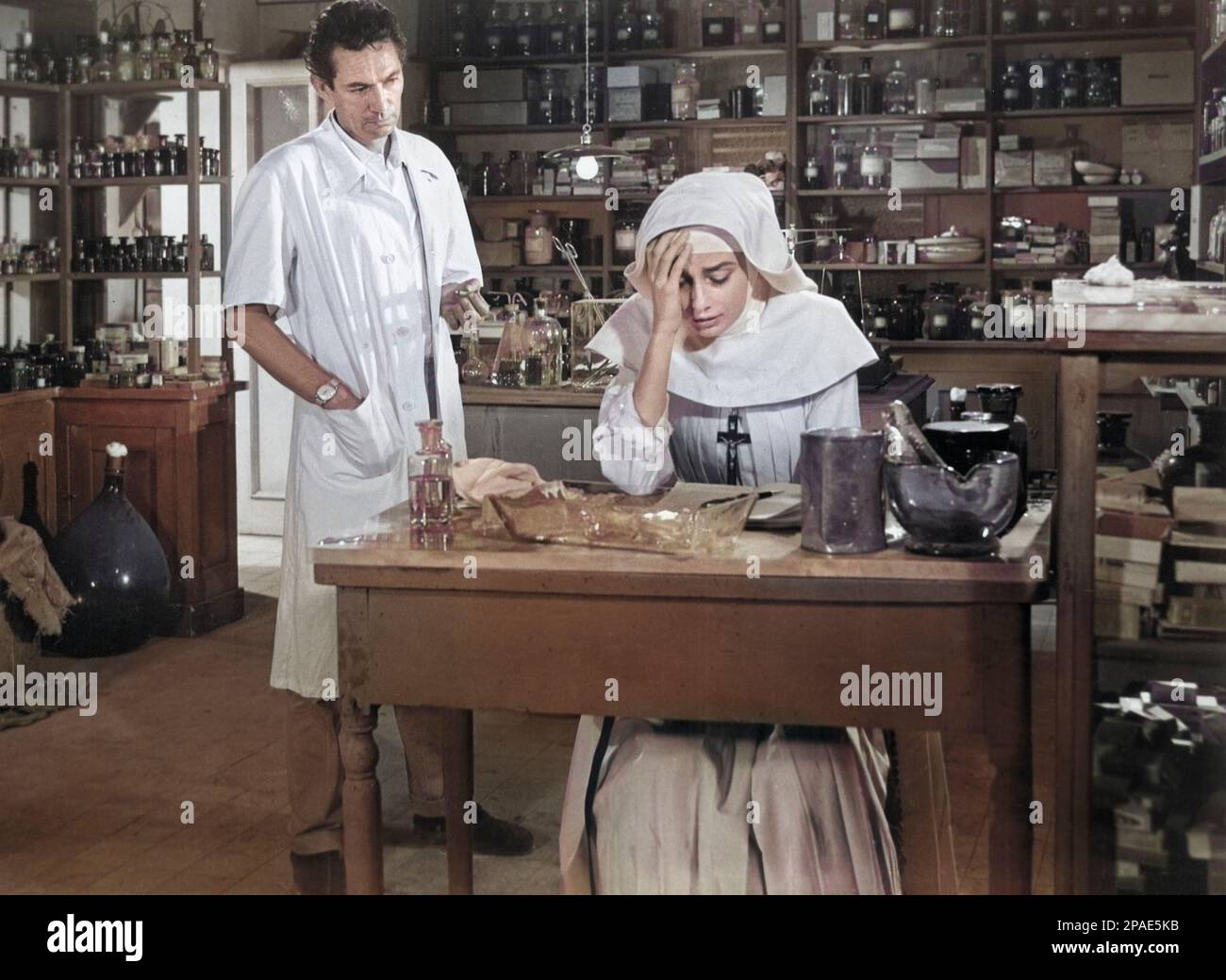 Peter Finch, Audrey Hepburn, on-set of the Film, "The Nun's Story", Warner Bros., 1959 Stock ...