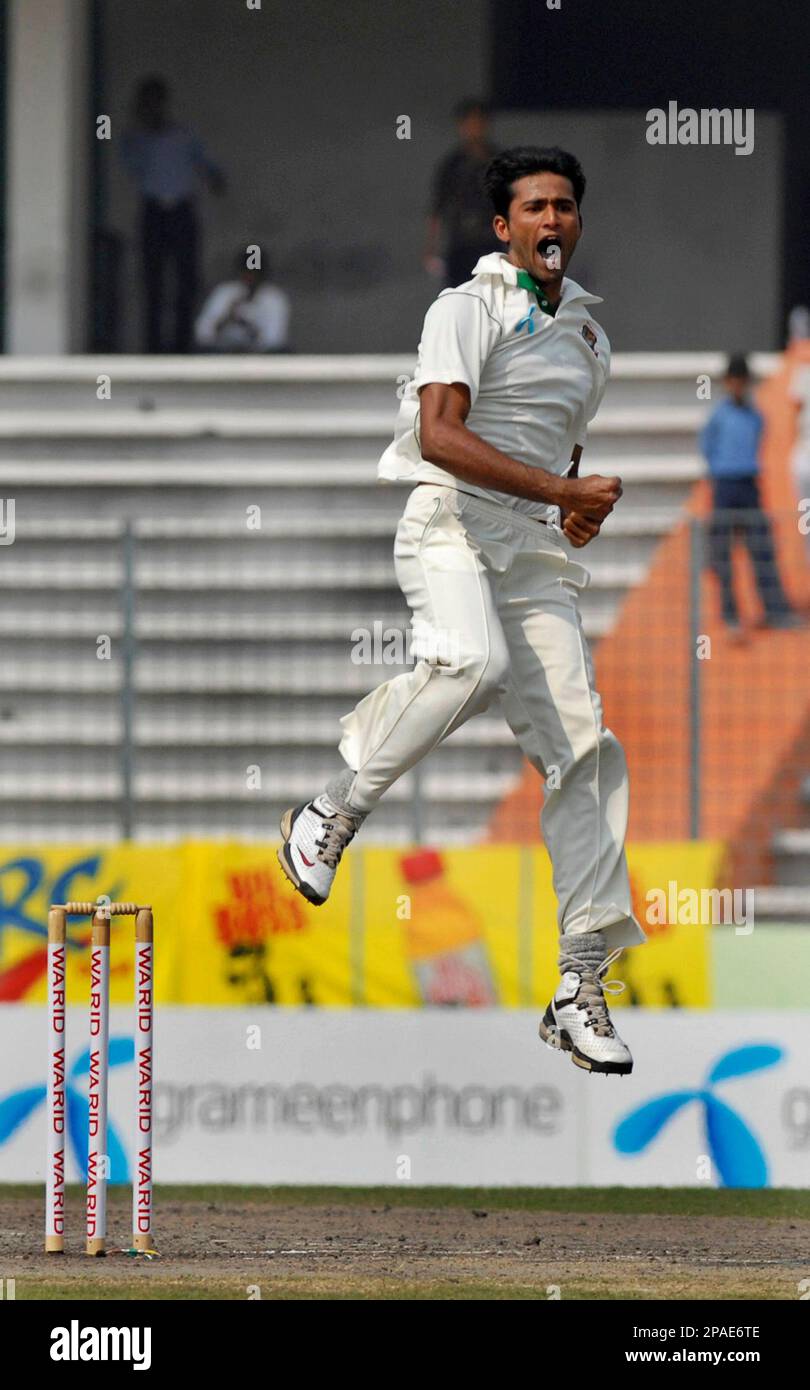 Bangladesh's Shahadat Hossain reacts after South African Neil McKenzie, unseen, was dismissed ...