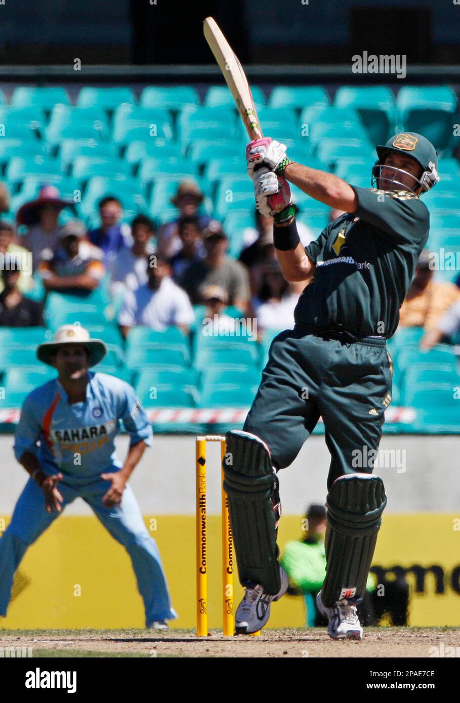Australia's Matthew Hayden hits the ball for six runs during their one ...
