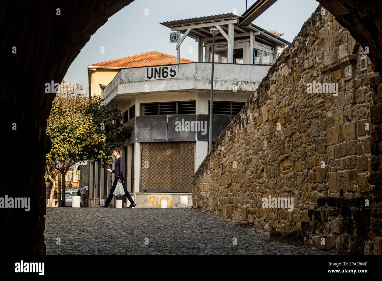 January 6, 2017, Nicosia, Cyprus: A man is seen in front of a UN ...