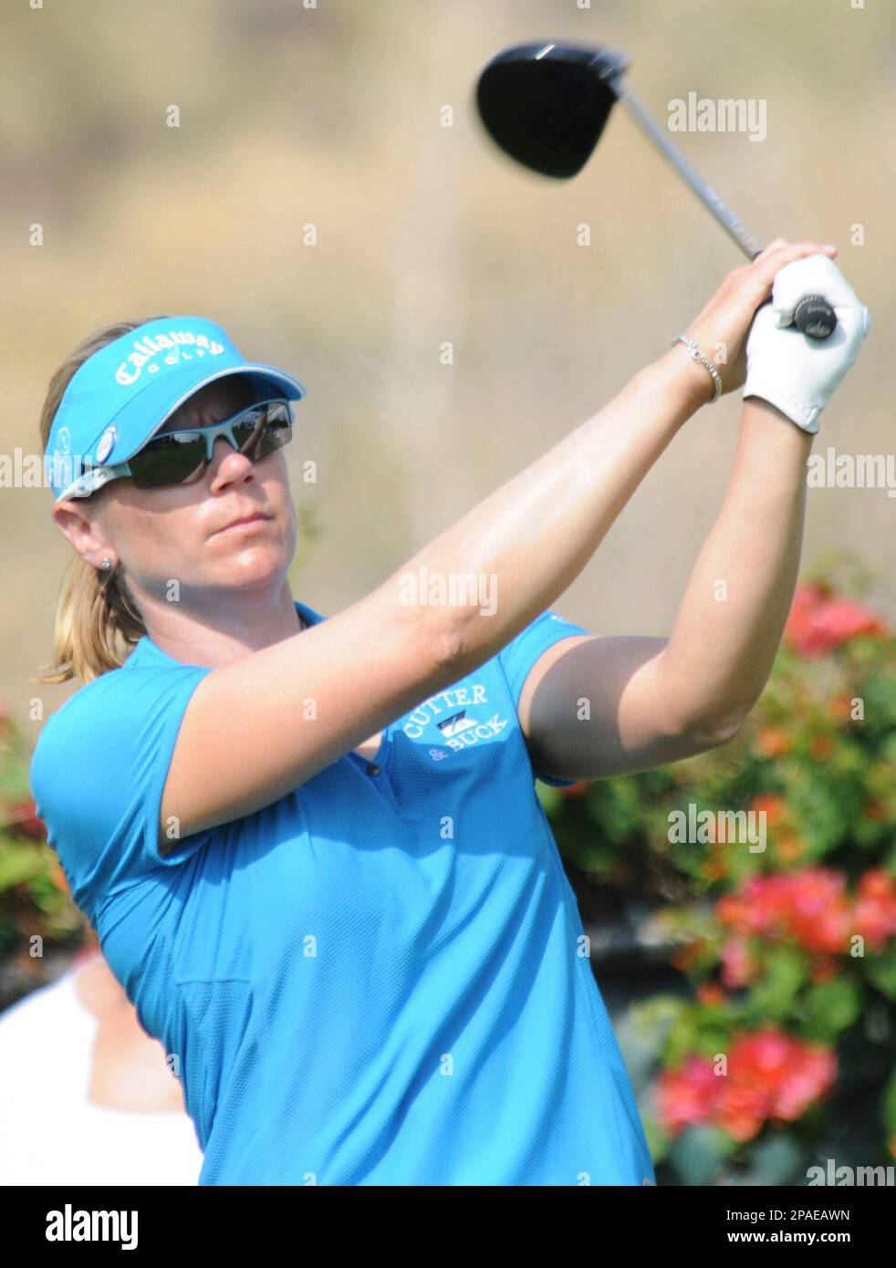Annika Sorenstam, of Sweden, tees off on the 15th hole during the ...