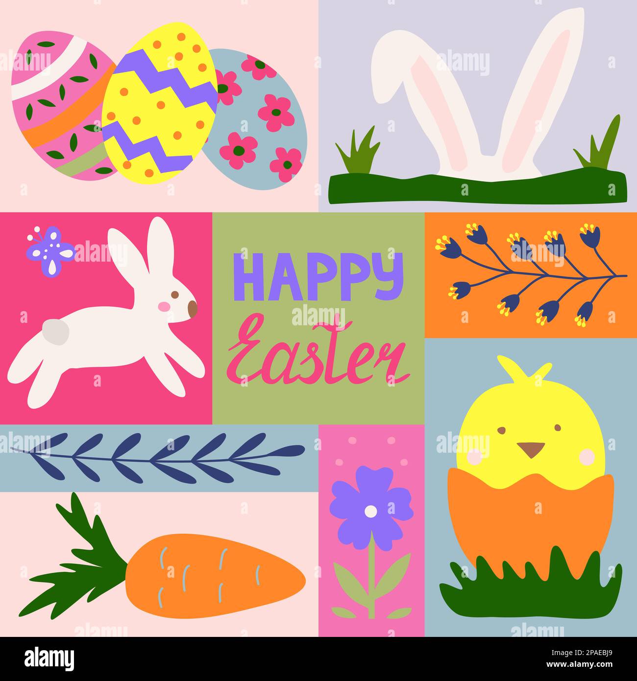 Easter greeting card or poster with eggs, chick, bunny, carrot and ...