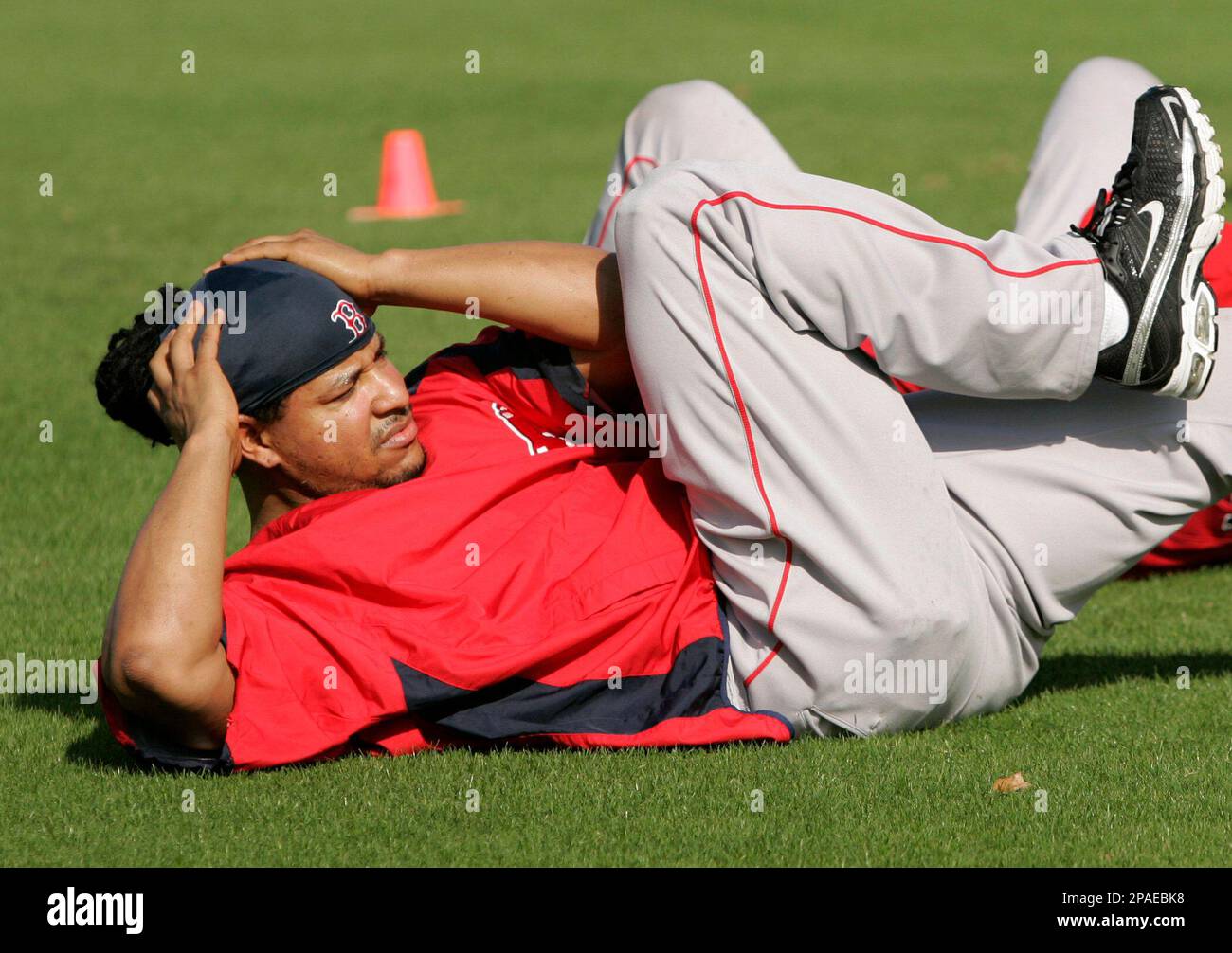 Boston Red Sox outfielder Manny Ramirez works out on the field at the ...