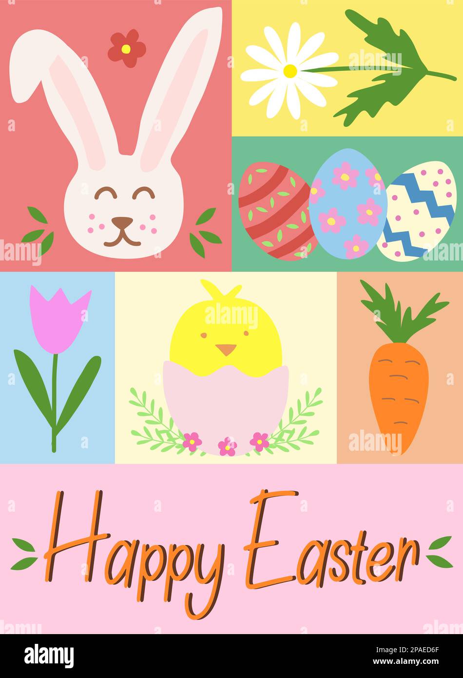 Easter greeting card with eggs, chick, bunny, carrot and flowers ...