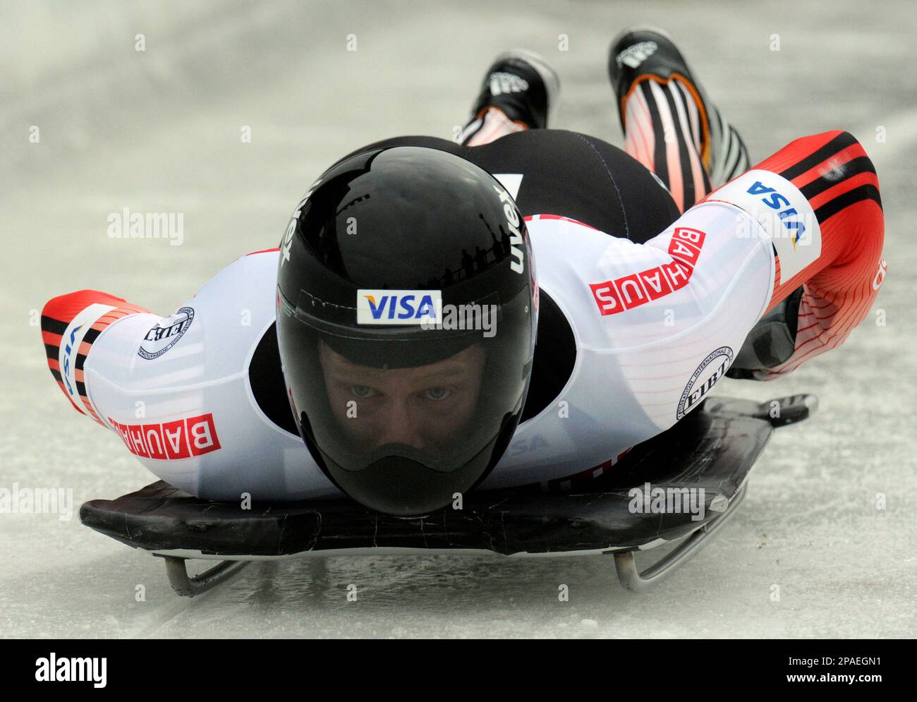 Canada's Jon Montgomery starts to his first run during the men Skeleton ...