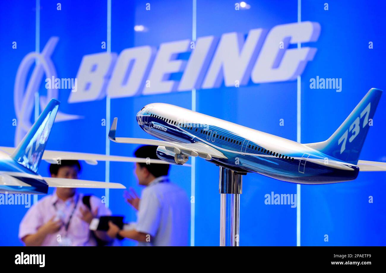 A model of a Boeing 737 is seen at the Boeing booth on Tuesday Feb. 19 ...