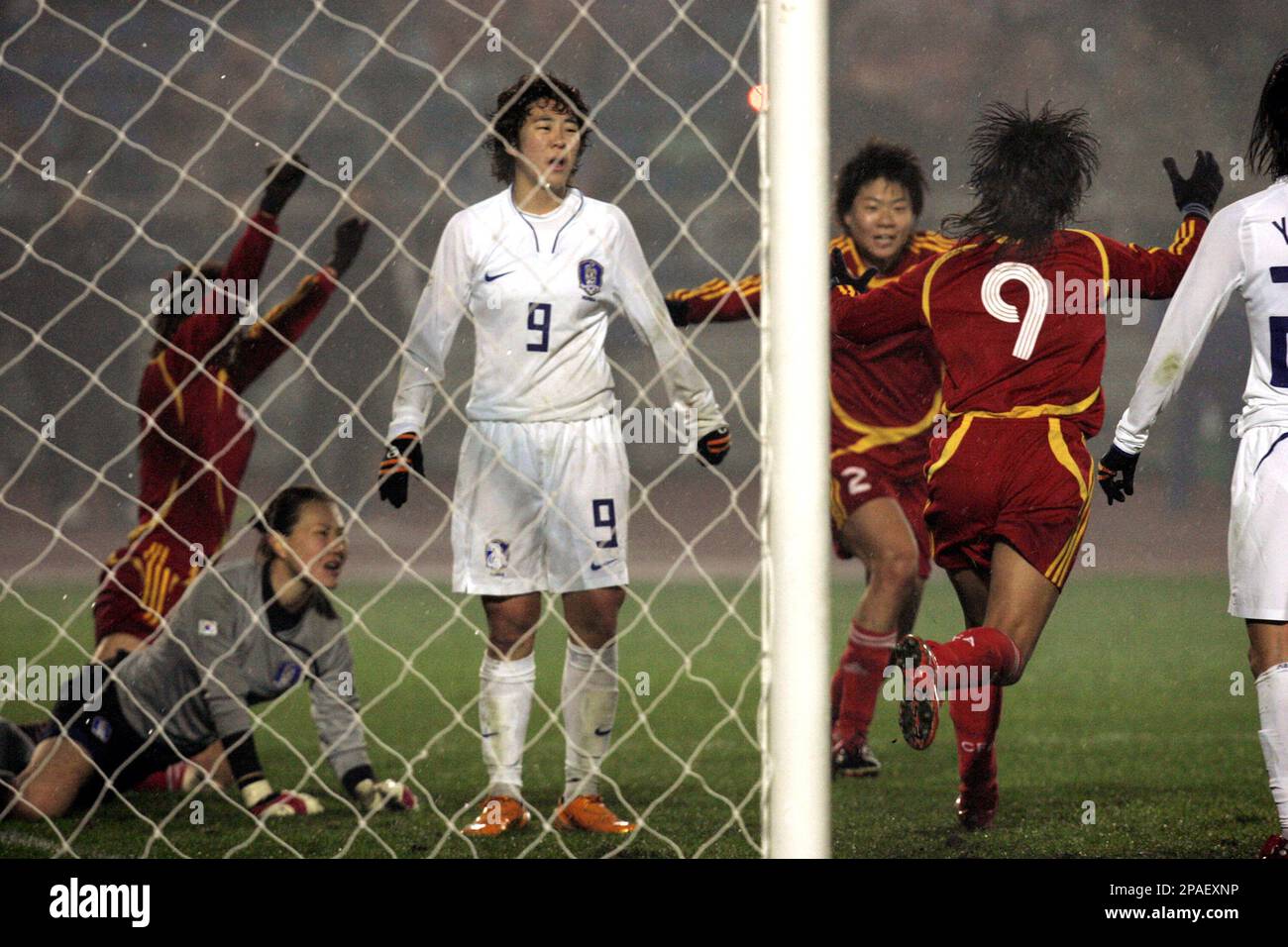 China's Han Duan (9) celebrates after she scored a goal against South ...