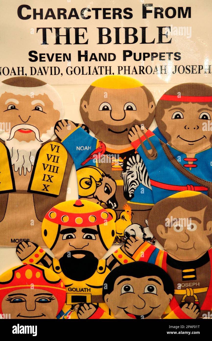 Biblical religious hand puppets are seen on display at the Toy Fair in ...