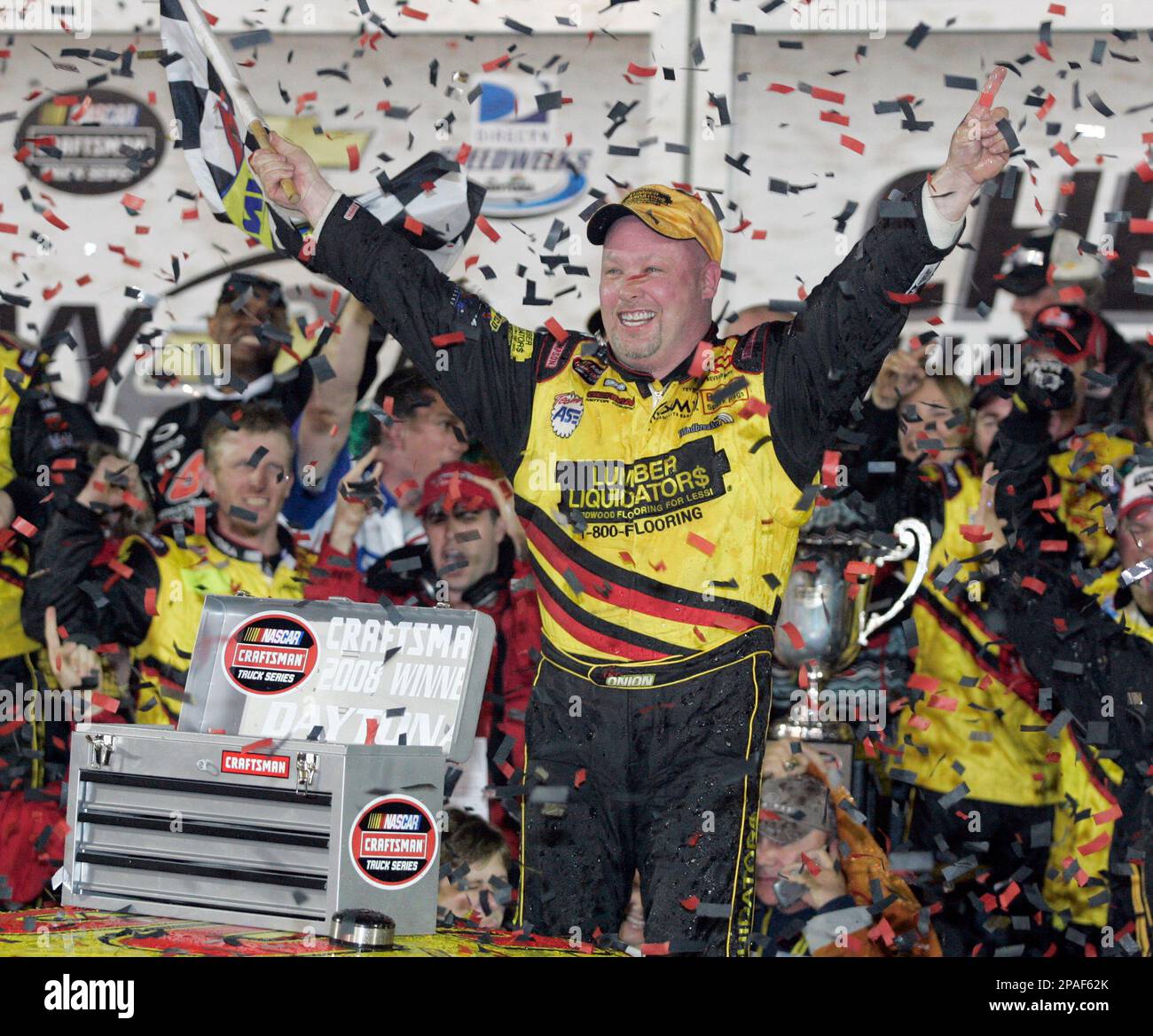 Driver Todd Bodine celebrates in victory lane after winning the Chevy ...