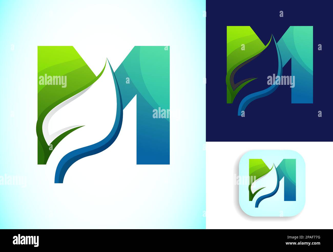 Letter M with negative space leaf logo vector template. Gradient logo ...