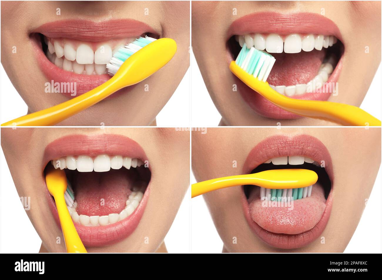 Collage with photos of woman brushing teeth on white background ...