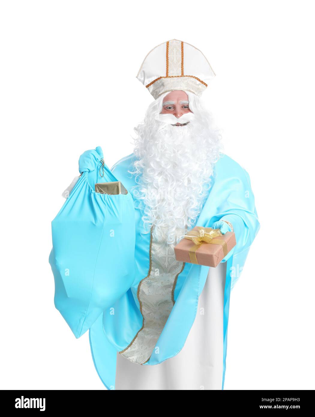 Portrait of Saint Nicholas holding sack with presents on white ...