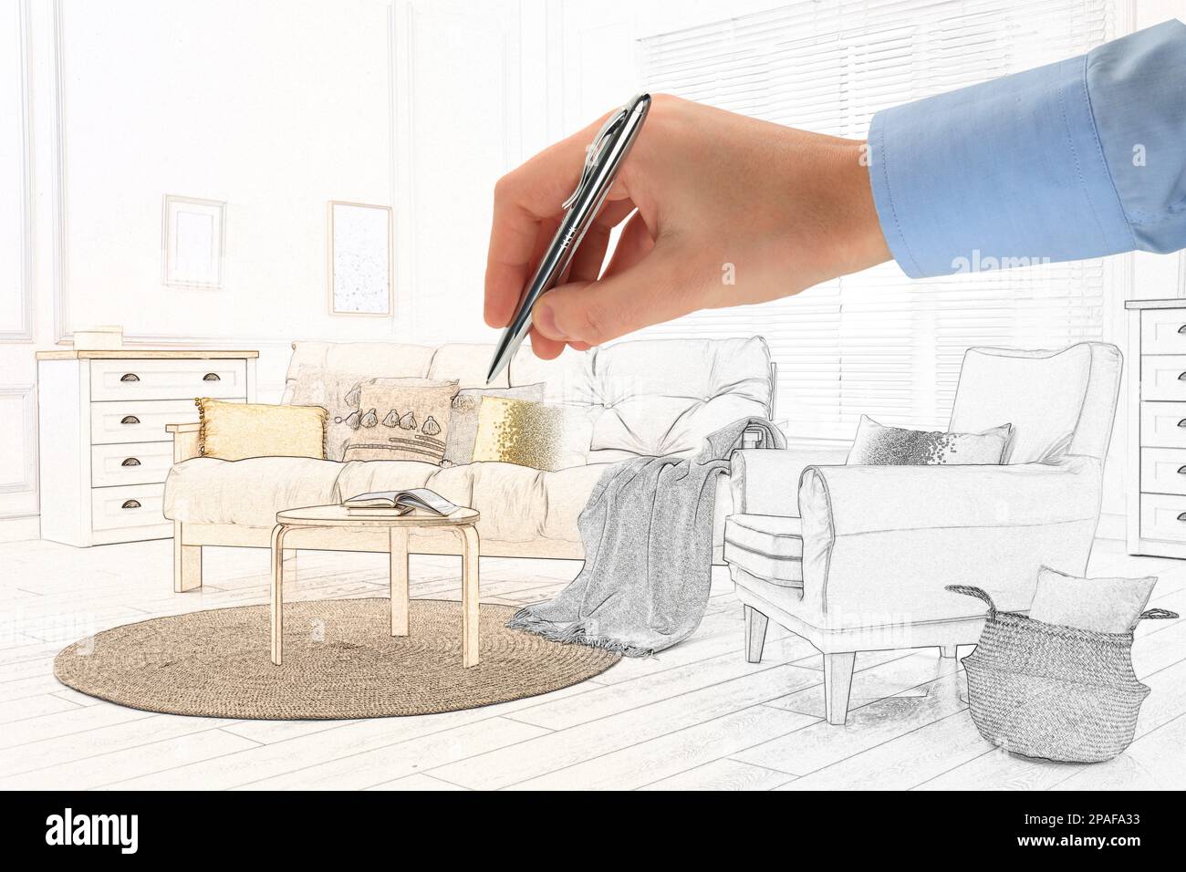 Man drawing sketch of living room interior, closeup. Illustration Stock ...