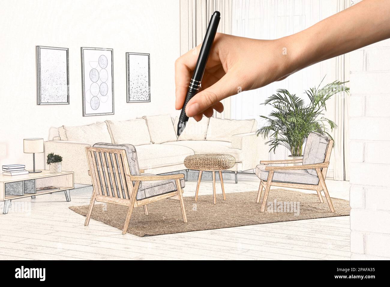 Woman drawing sketch of living room interior, closeup. Illustration ...
