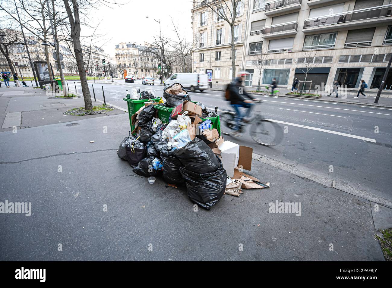 Paris, France. 12th Mar, 2023. Illustration picture shows full bins on March 11, 2023 in Paris ...