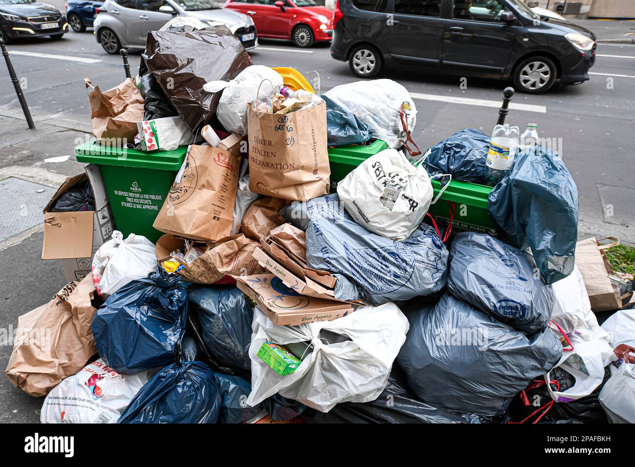 Paris, France. 12th Mar, 2023. Illustration picture shows full bins on March 11, 2023 in Paris ...