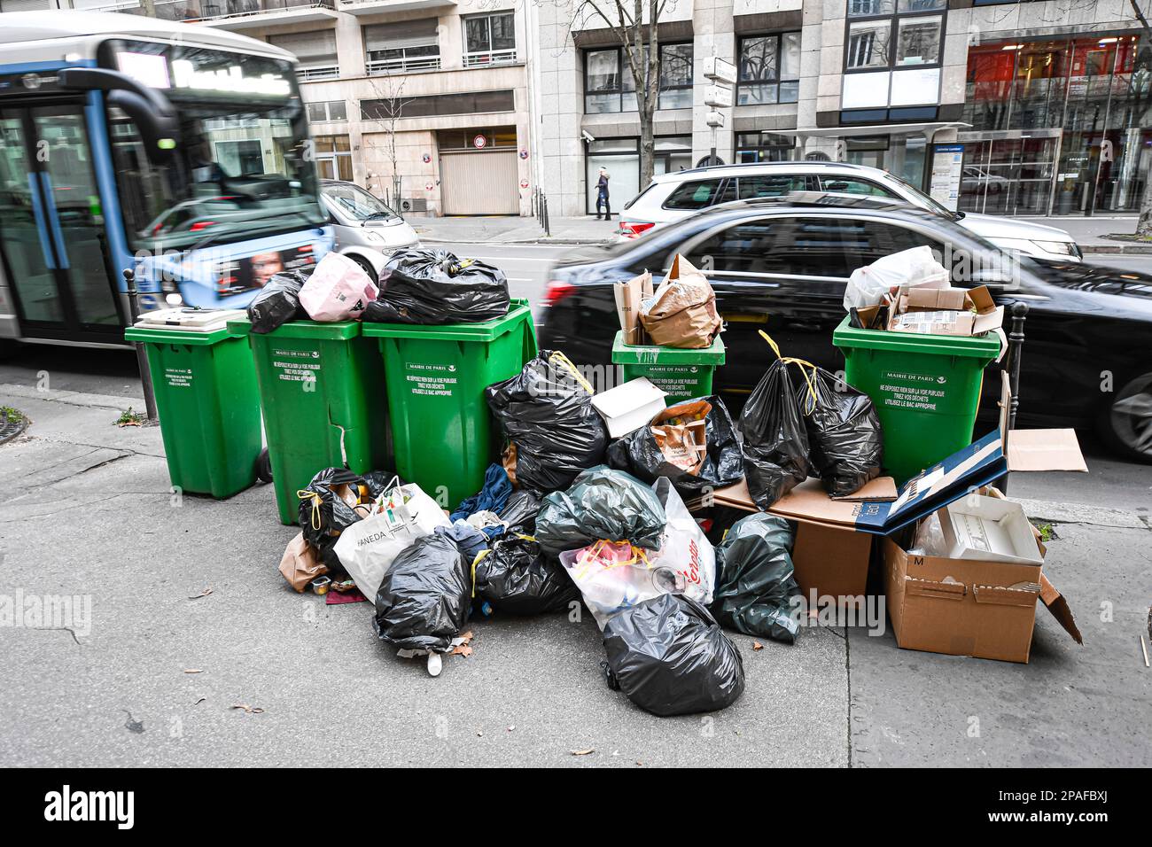 Paris, France. 12th Mar, 2023. Illustration picture shows full bins on March 11, 2023 in Paris ...
