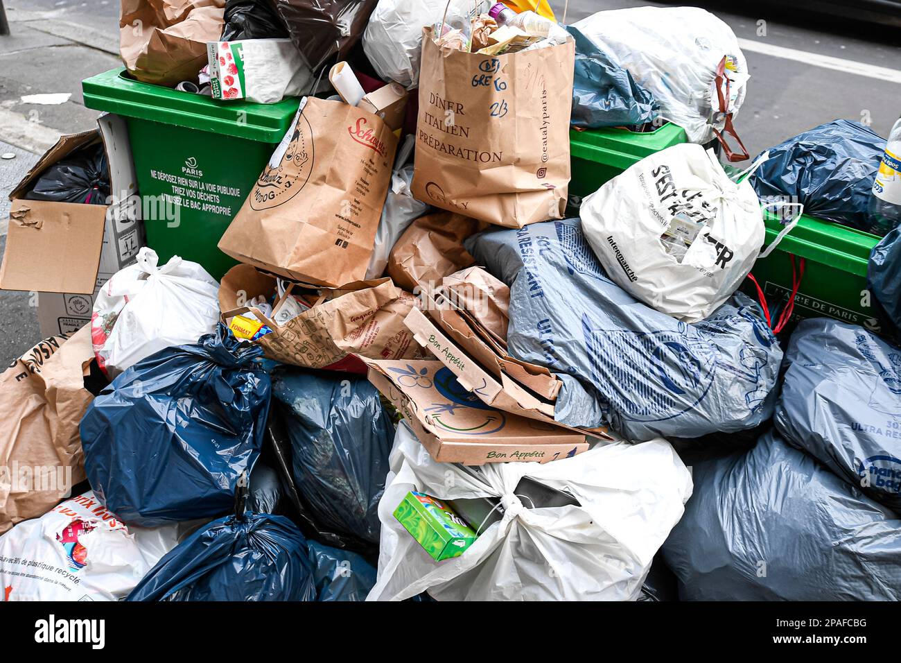 Paris, France. 12th Mar, 2023. Illustration picture shows full bins on March 11, 2023 in Paris ...