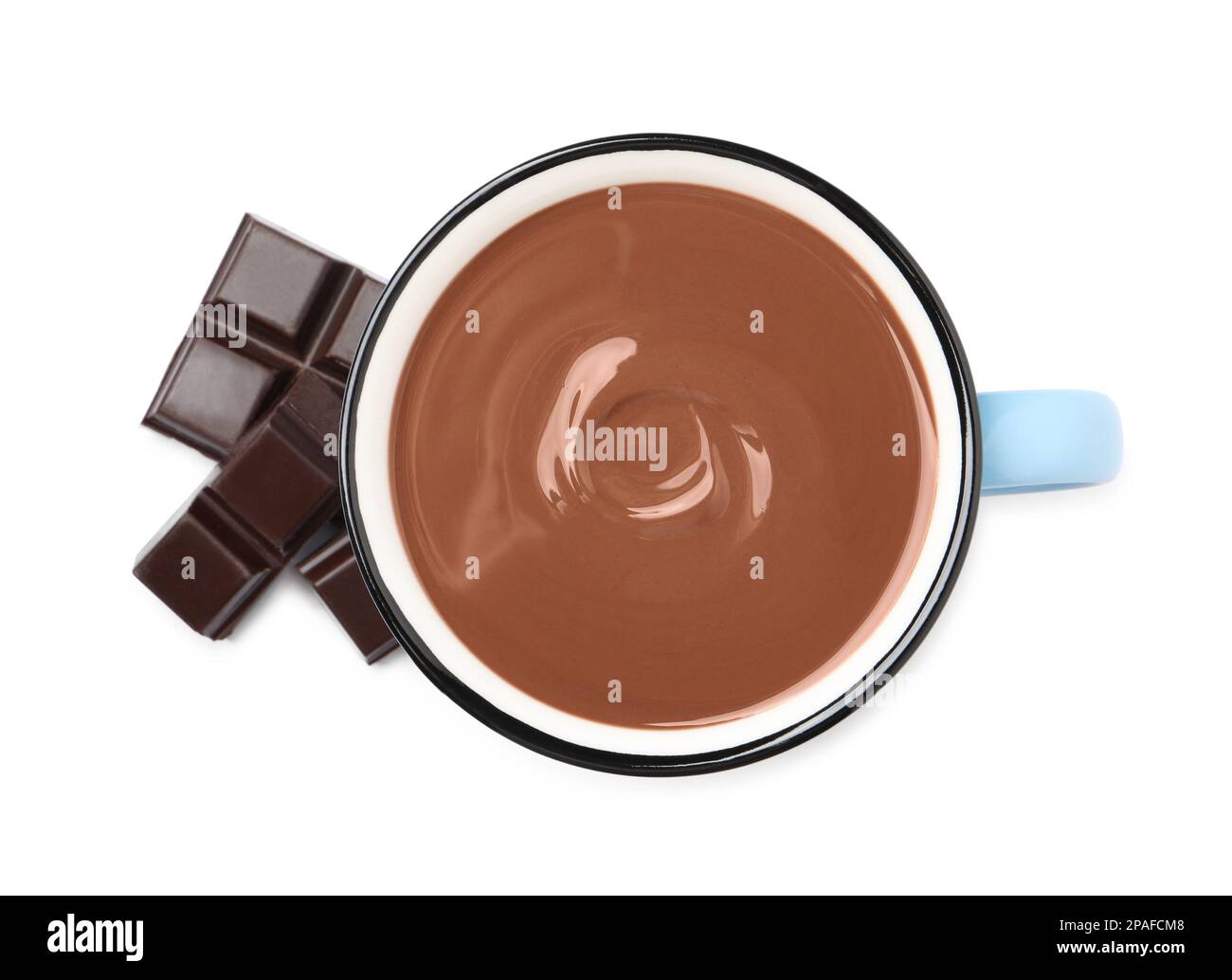 Yummy hot chocolate in mug on white background, top view Stock Photo ...