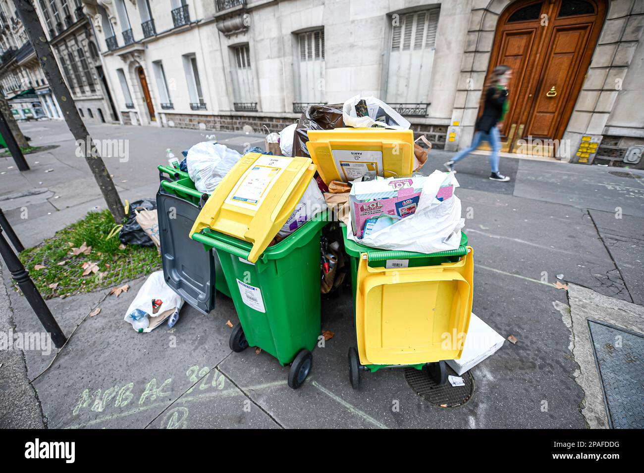 Paris, France. 12th Mar, 2023. Illustration picture shows full bins on March 11, 2023 in Paris ...