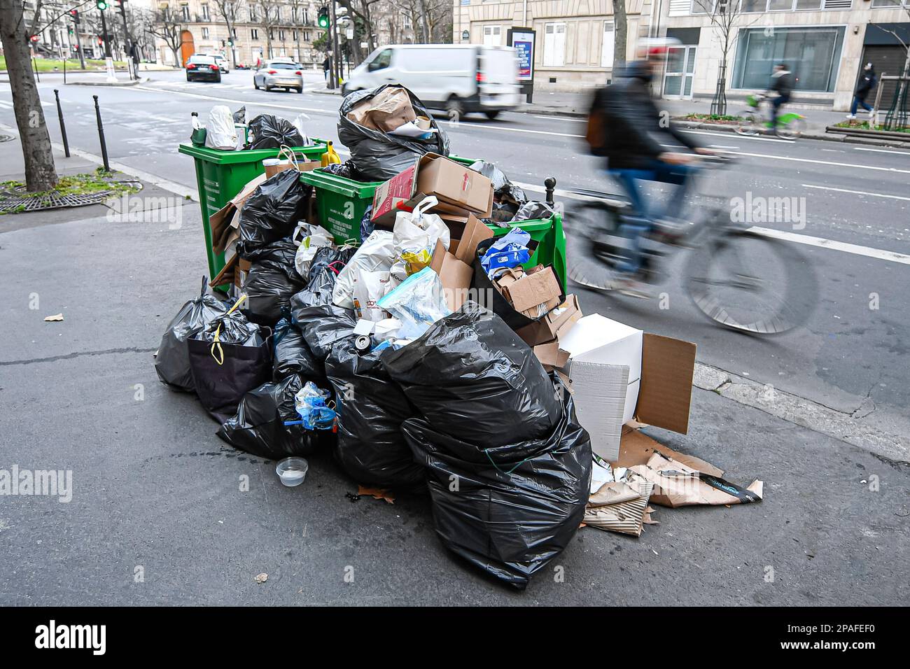 Paris, France. 12th Mar, 2023. Illustration picture shows full bins on March 11, 2023 in Paris ...
