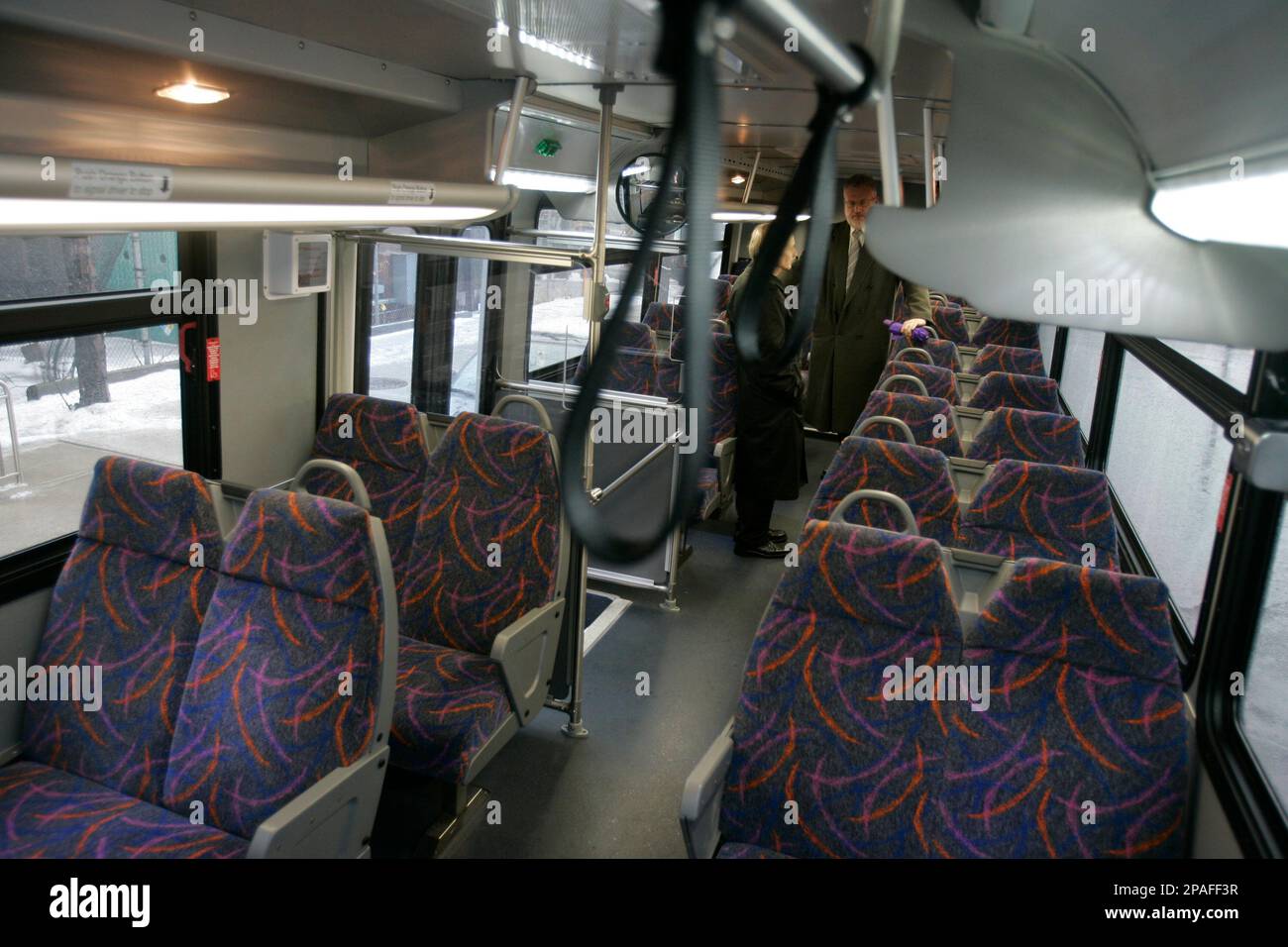 The interior of a new New Jersey Transit bus is seen parked next to NJ ...