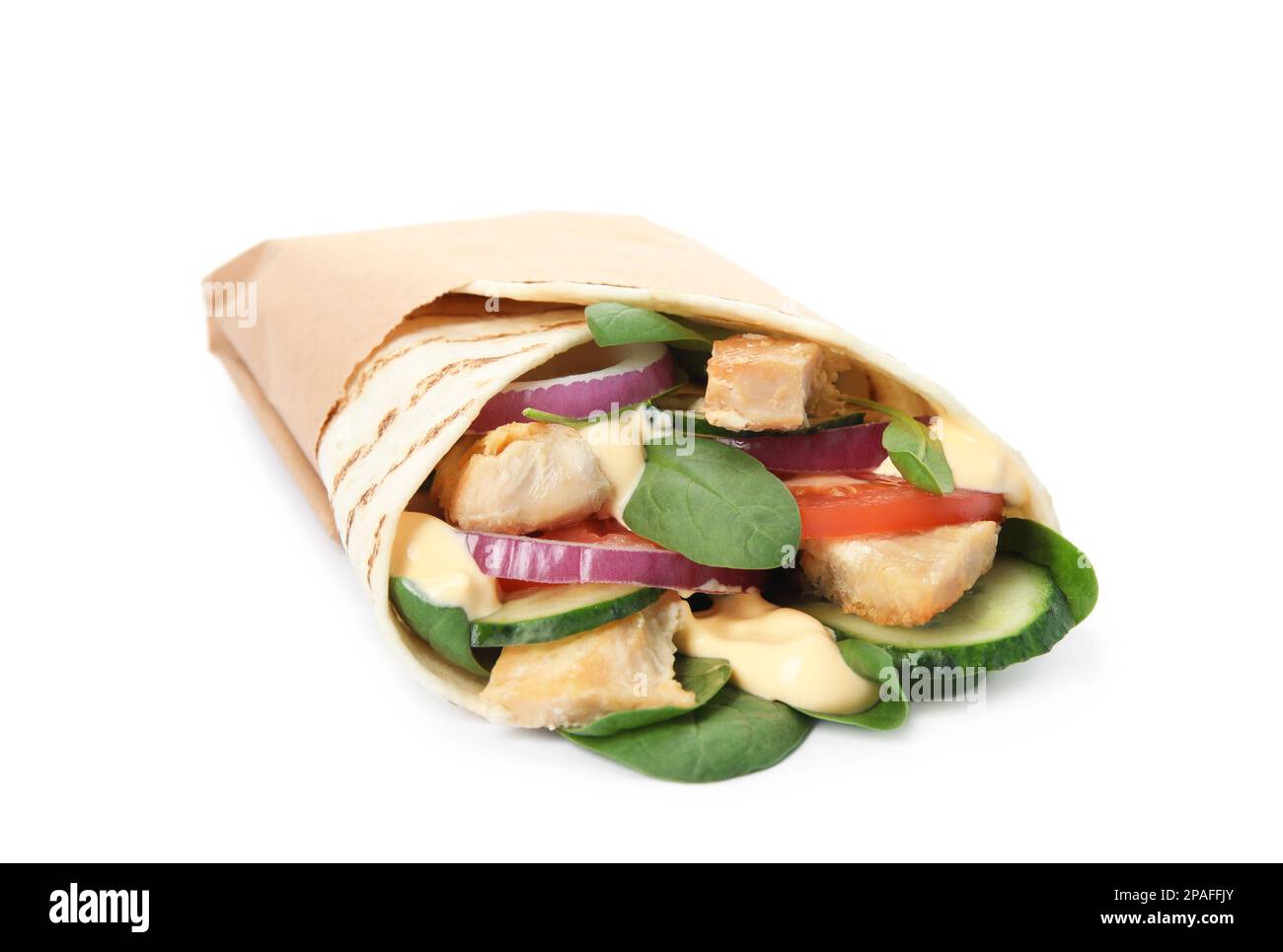 Delicious shawarma with chicken meat and fresh vegetables isolated on ...