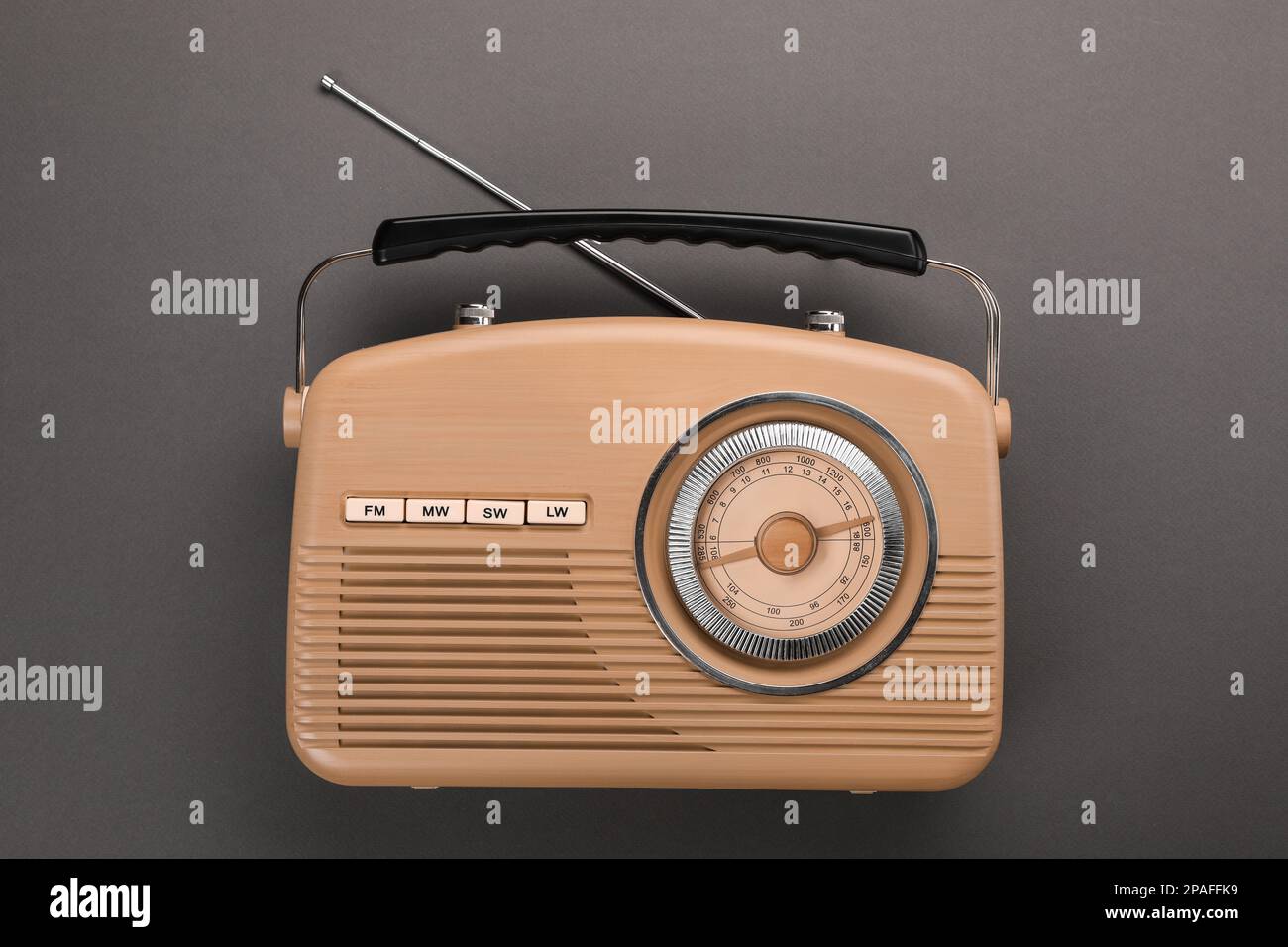 Retro radio receiver on grey background, top view Stock Photo - Alamy