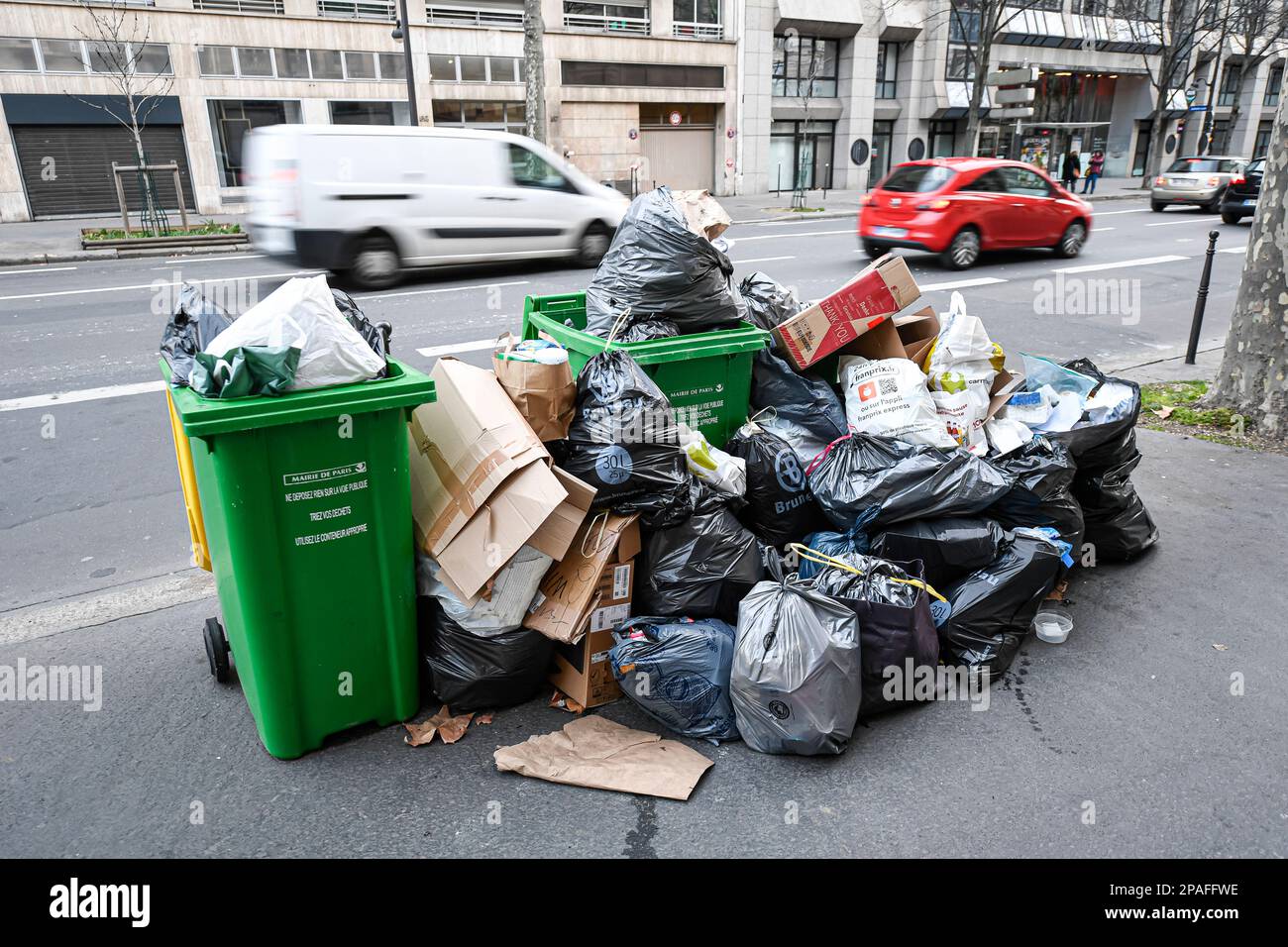 Paris, France. 12th Mar, 2023. Illustration picture shows full bins on March 11, 2023 in Paris ...