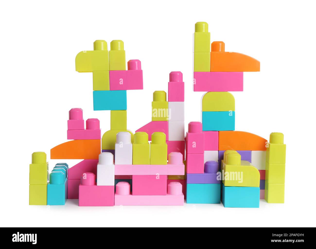 Toy castle made of bright building blocks on white background Stock ...
