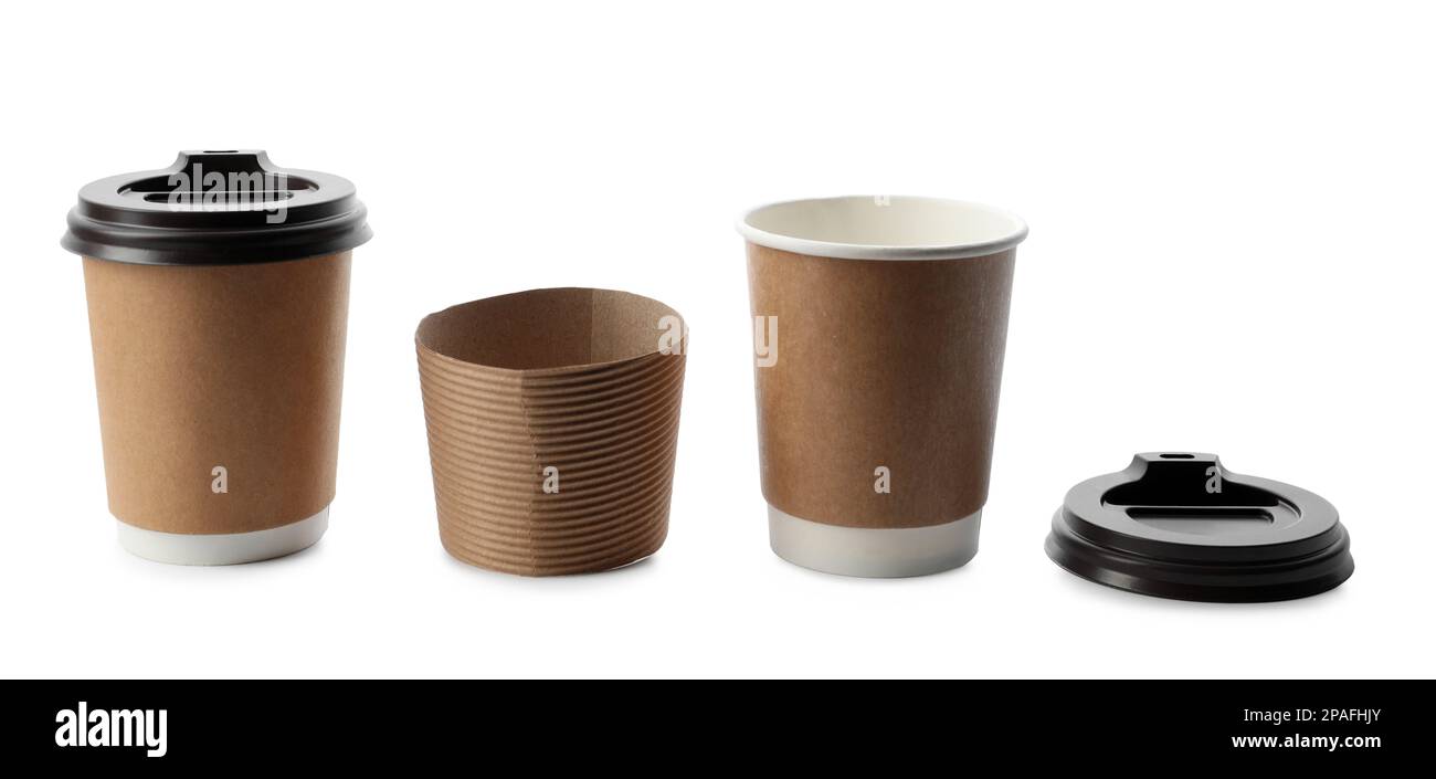 Takeaway paper coffee cups and sleeve on white background Stock Photo ...