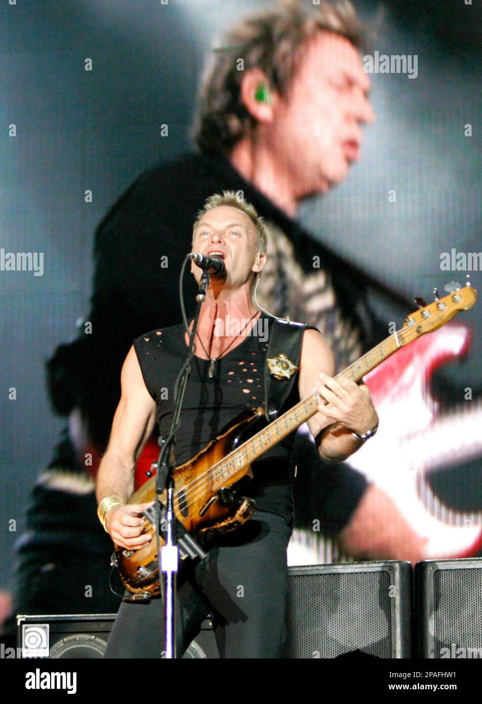 Lead vocalist and bassist Sting of The Police performs during a concert ...