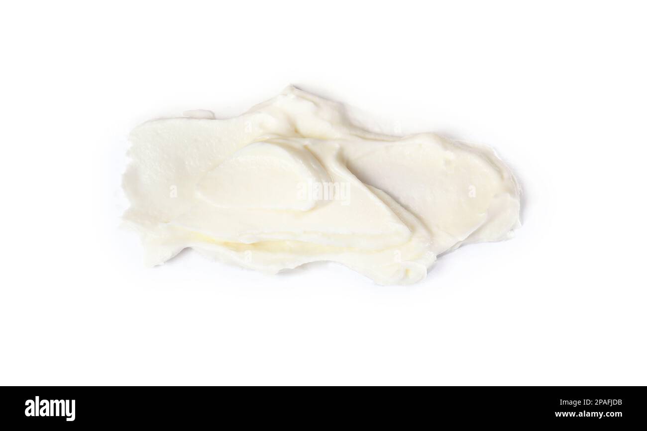 Smear of delicious cream cheese isolated on white, top view Stock Photo ...