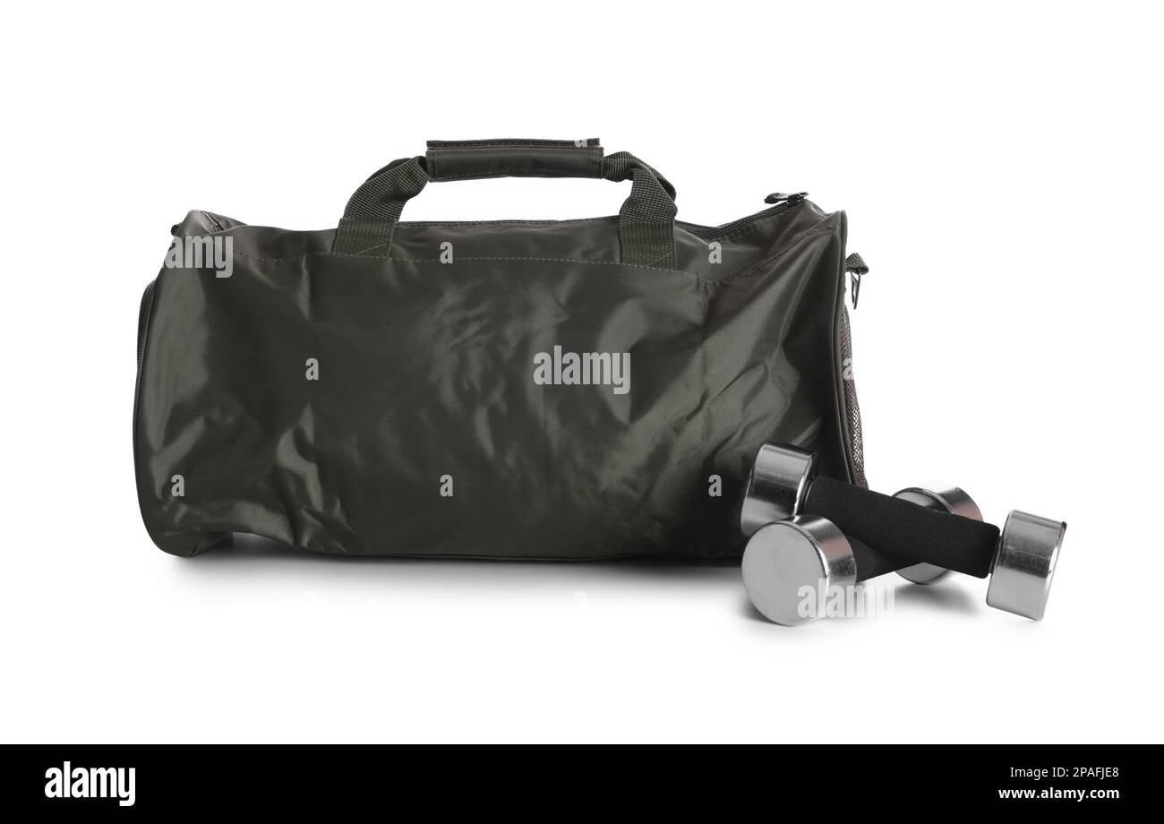 Sports bag and dumbbells on white background Stock Photo - Alamy