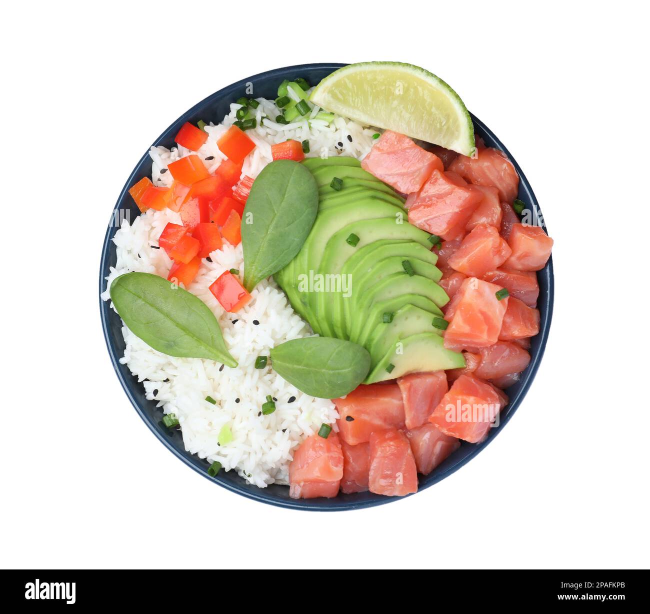 Delicious poke bowl with salmon, spinach and avocado isolated on white ...
